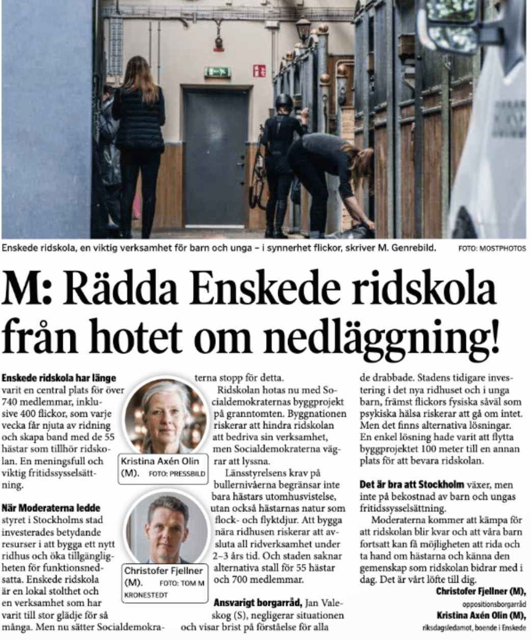 M: Rädda Enskede ridskola | Moderaterna i Stockholms stad och län